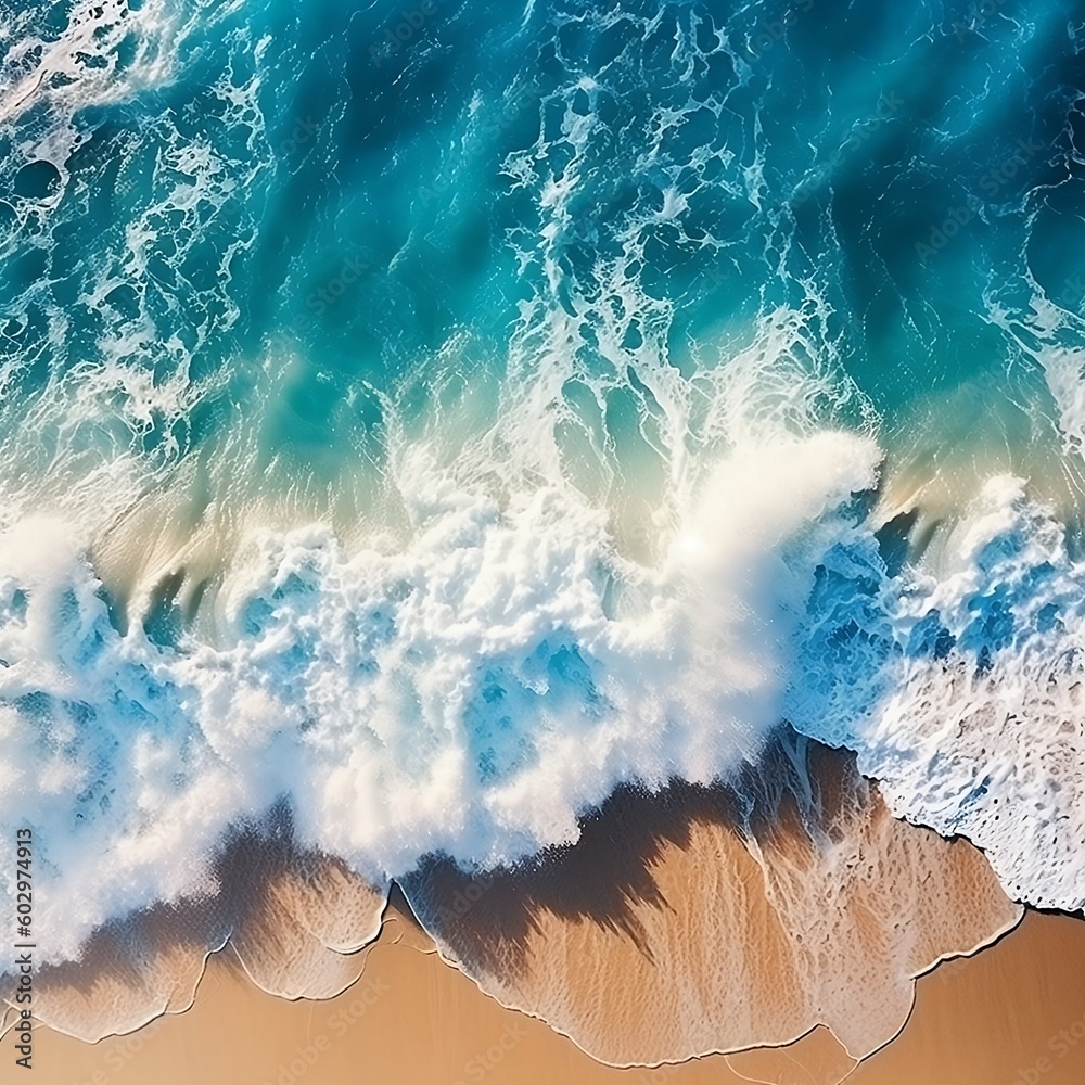 Ocean waves on the beach, Aerial top down view of beach and sea with ...
