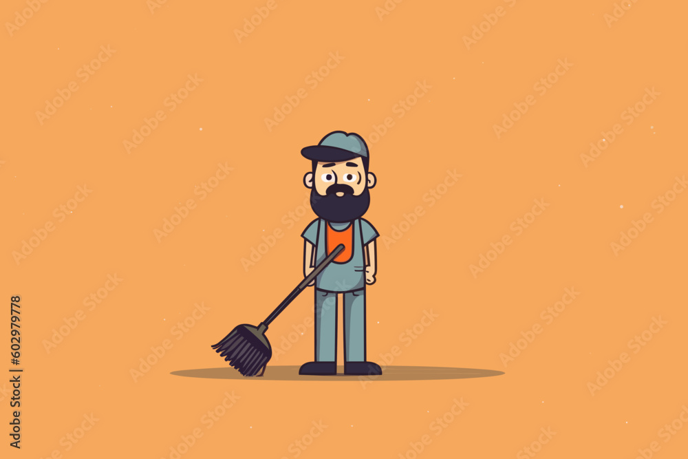 Doodle inspired Janitor at school, cartoon sticker, sketch, vector ...