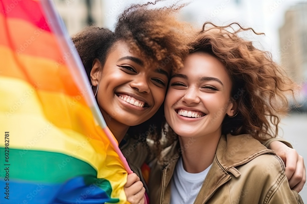 Beautiful lesbian couple smiling at the camera, pride month diversity ...