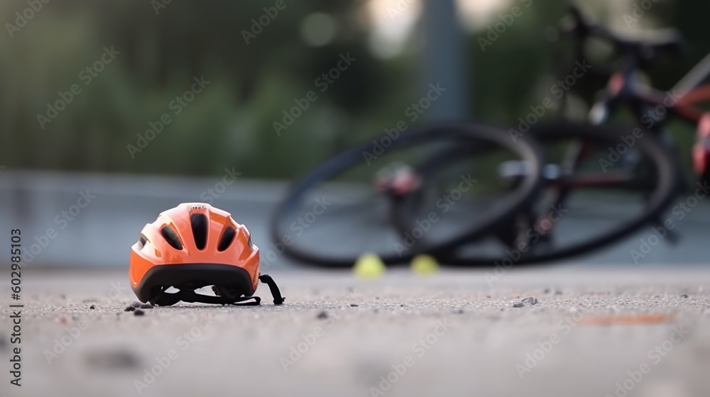 Bicycle crash road accident with broken bike and helmet. City ...