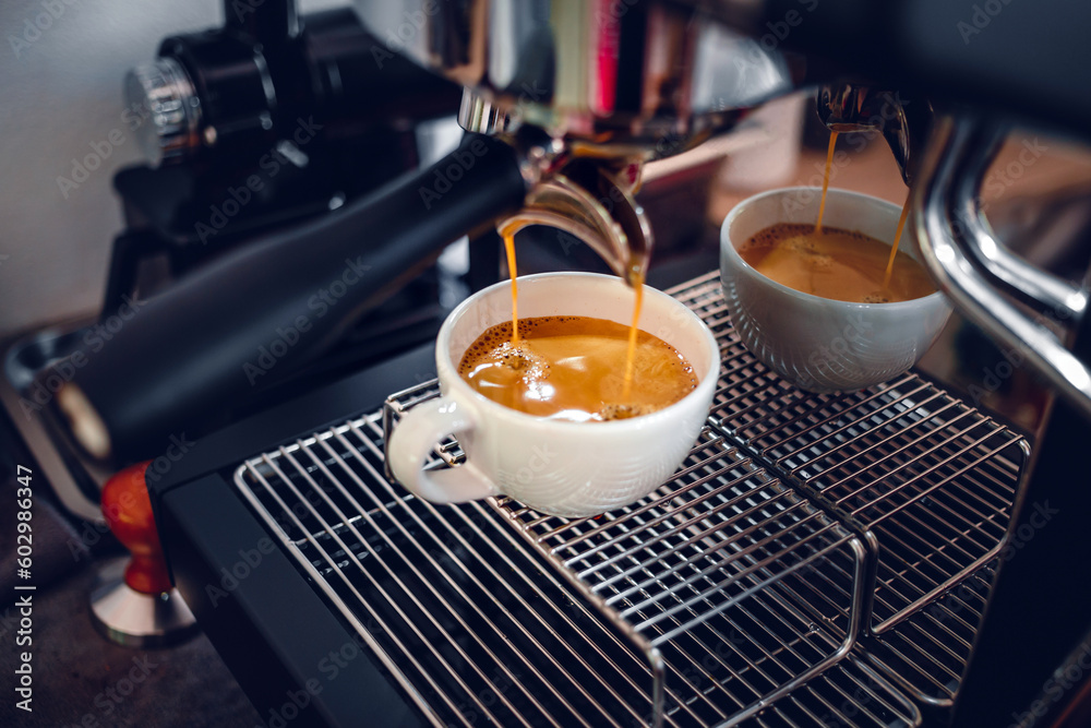 Espresso coffee extraction from a professional coffee machine with a ...