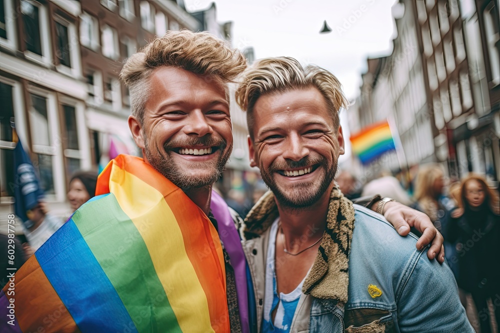 Charismatic gay couple smiling at the camera, Pride parade celebration ...