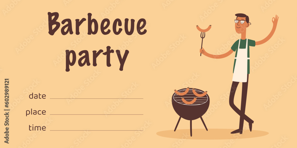 Barbecue party invitation design template. Retro cartoon style. Happy ...