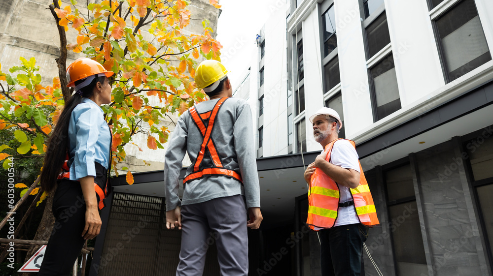 Back view Asian man manager and team inspection quaility work of worker ...