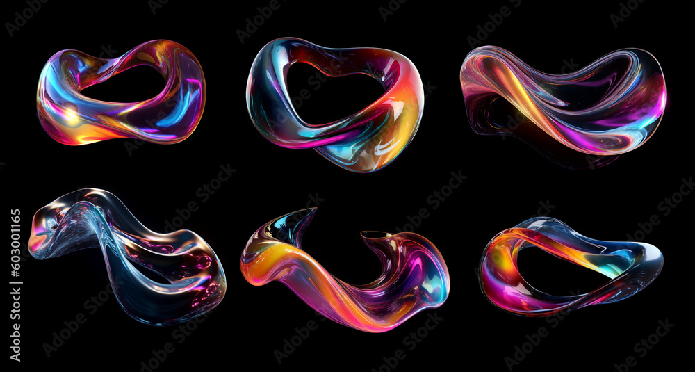 Transparent rainbow liquid flow shapes set isolated. Iridescent ...