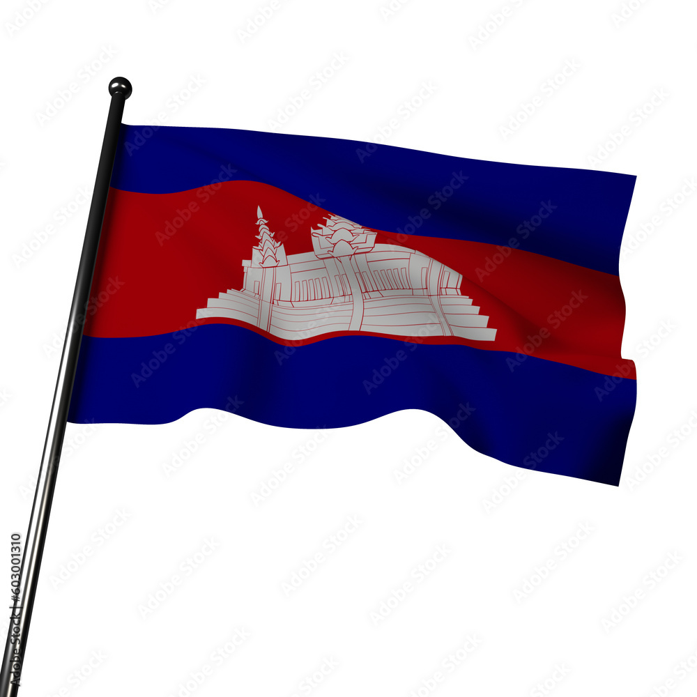 Cambodia flag waving on gray background. Blue and red stripes with ...