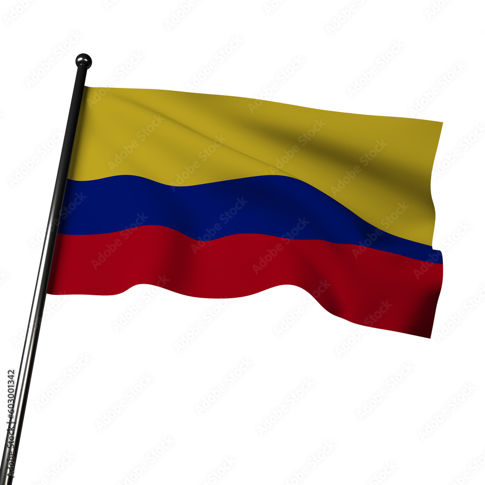 3D render of the Colombian flag waving on a gray background. The flag ...