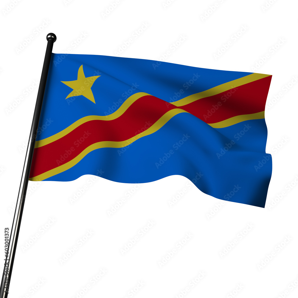 This 3D render of the Congo flag shows a waving blue cloth on a gray ...