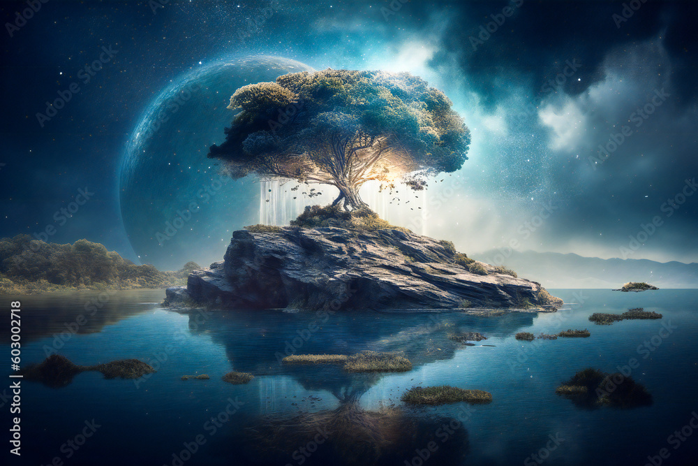 Surreal dream giant tree growing on a giant rock on a strange alien ...