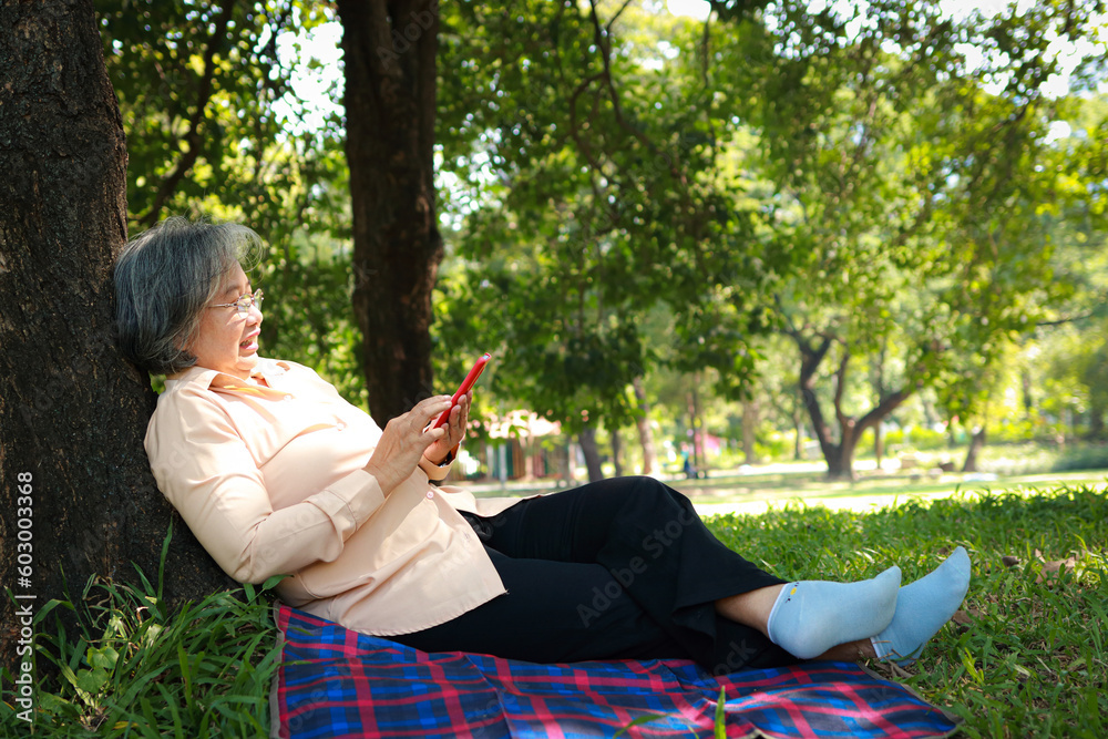 Asian senior woman resting under a tree in the park Holding a ...