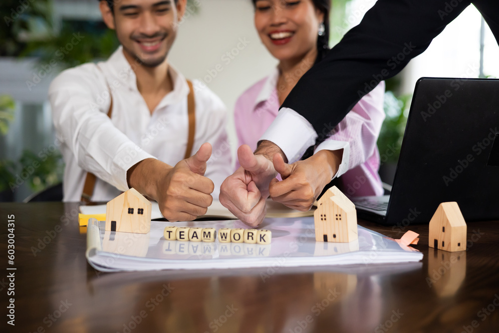 Professional business people and employee team stack hand, thump up ...