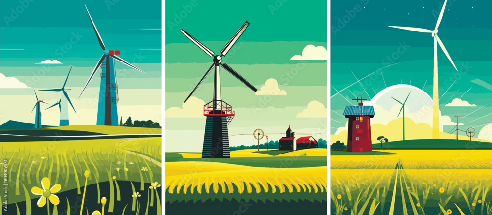 Wind power turbines and windmills vector illustration. A landscape with ...
