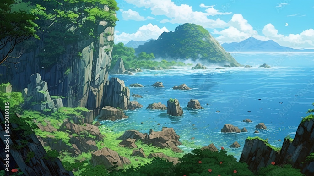 Wide angle of anime island with green landscape near ocean at day using ...