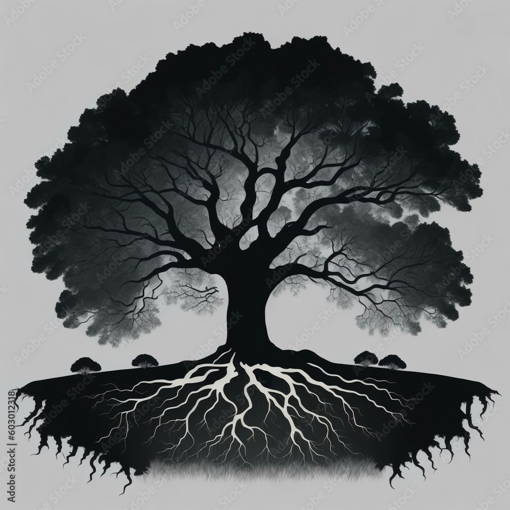 Oak tree with roots showing underground black and white simplistic ...