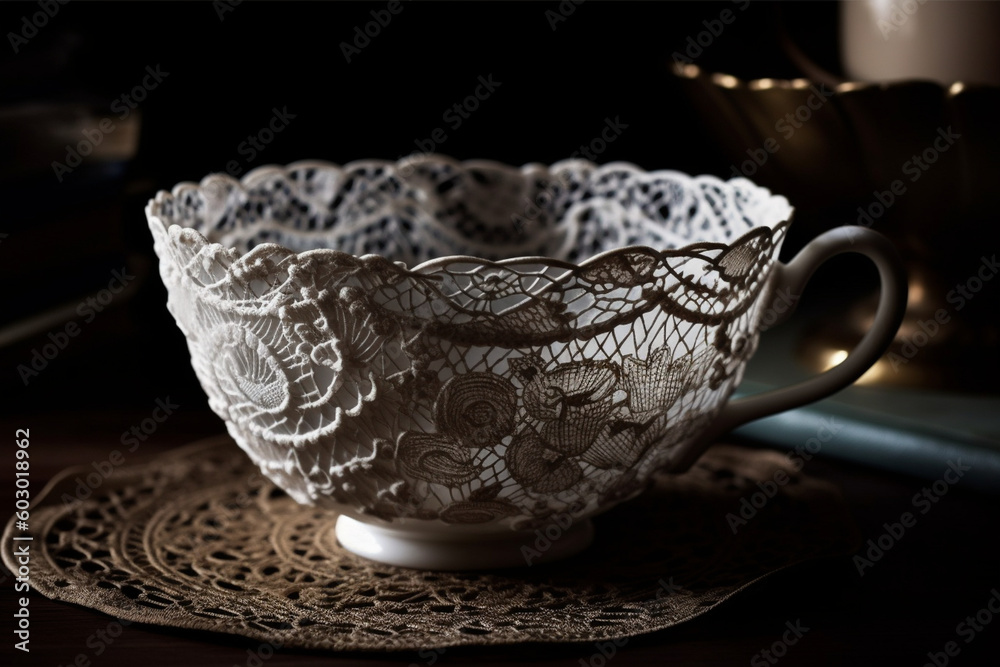 A vintage-inspired tea cup design featuring intricate lace patterns ...