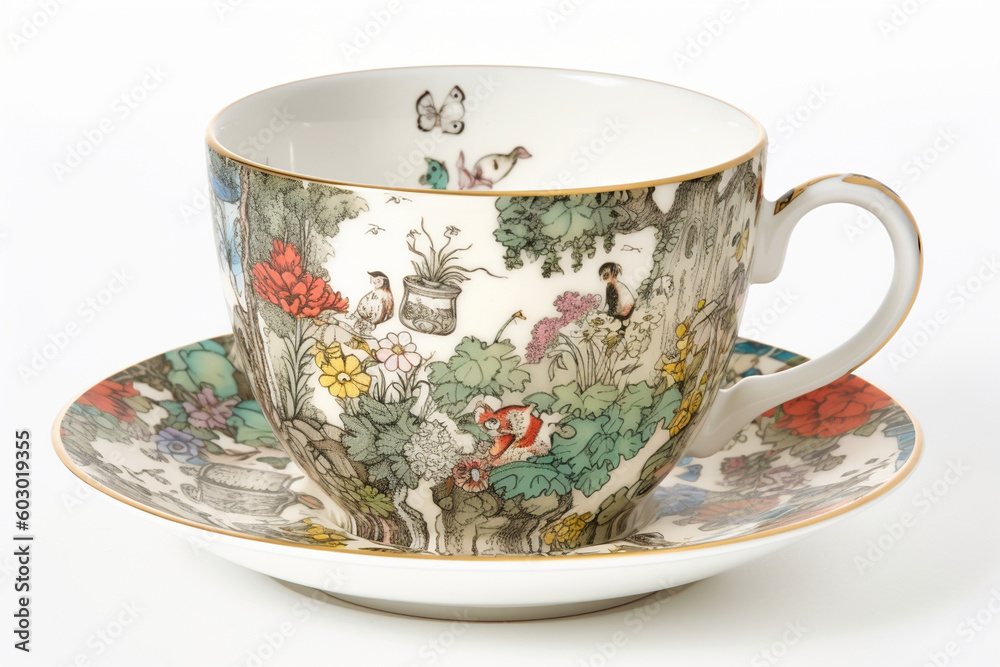 A whimsical tea cup design with an illustrated scene of a tea party in ...