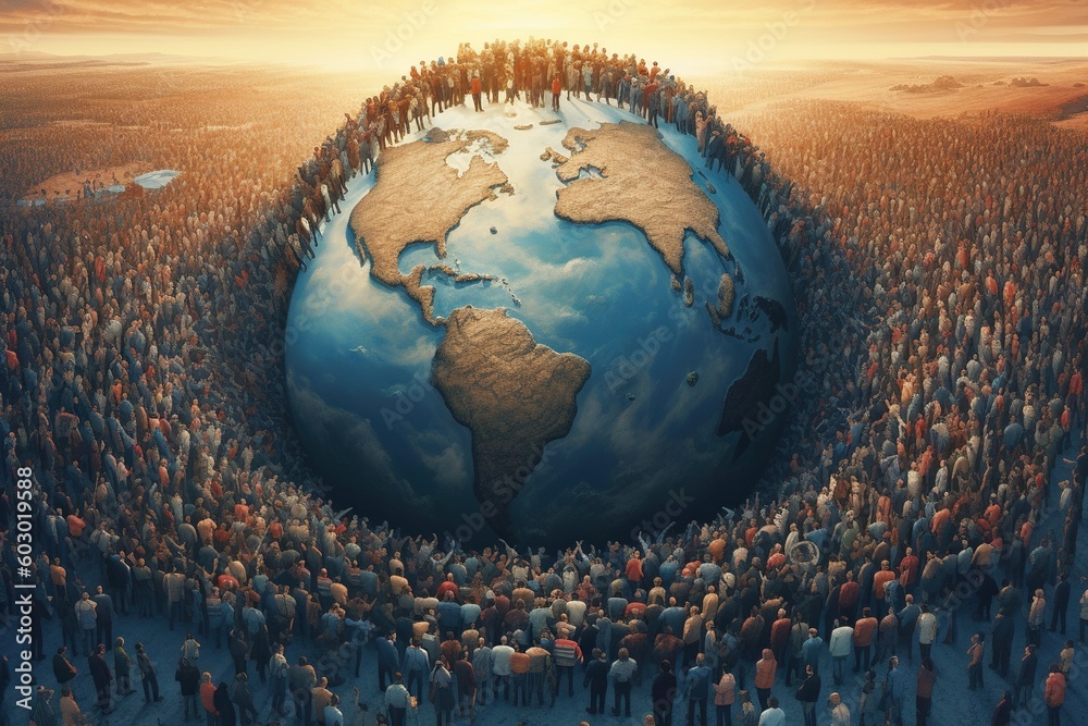 Earth globe half-submerged in a massive crowd of people stretching in ...