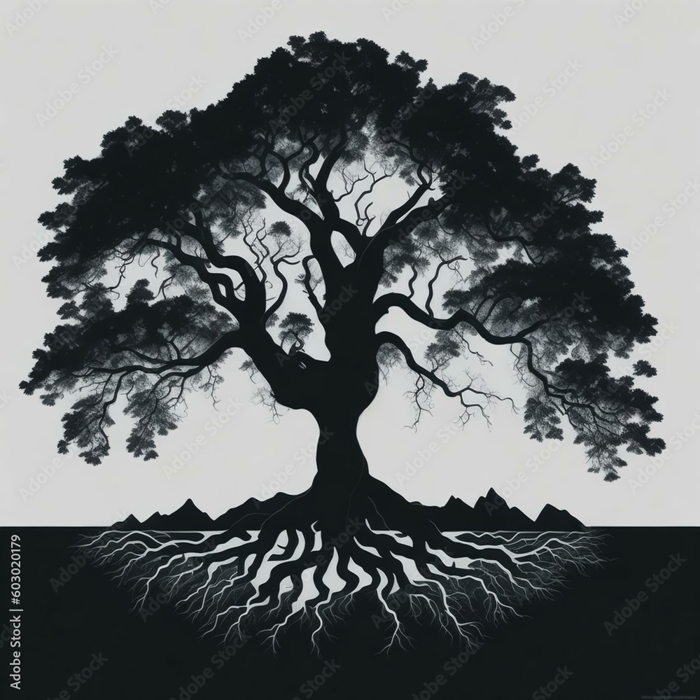 Oak tree with roots showing underground black and white simplistic ...
