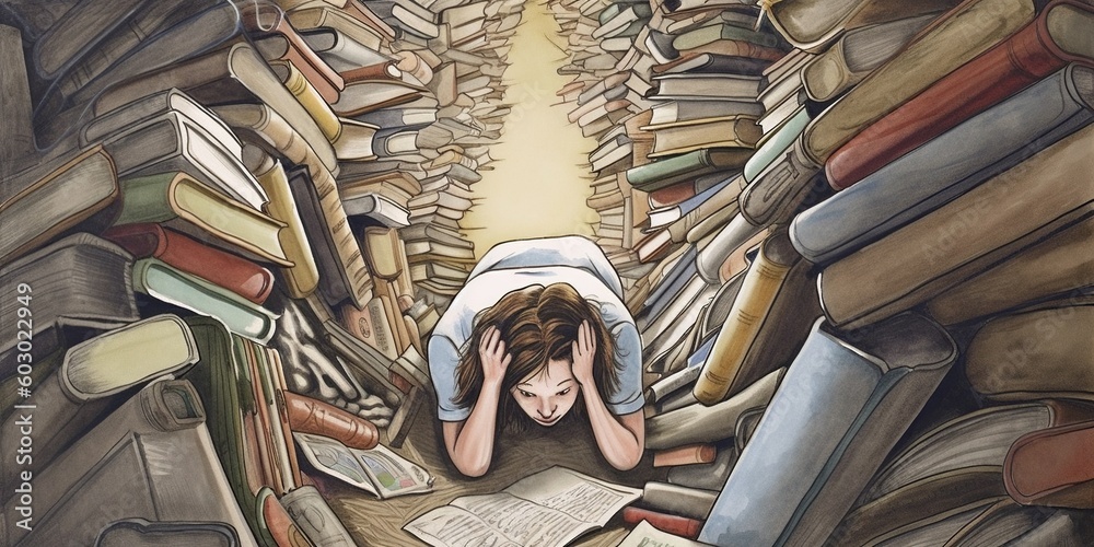 A stressed student buried under a mountain of textbooks, depicting the ...