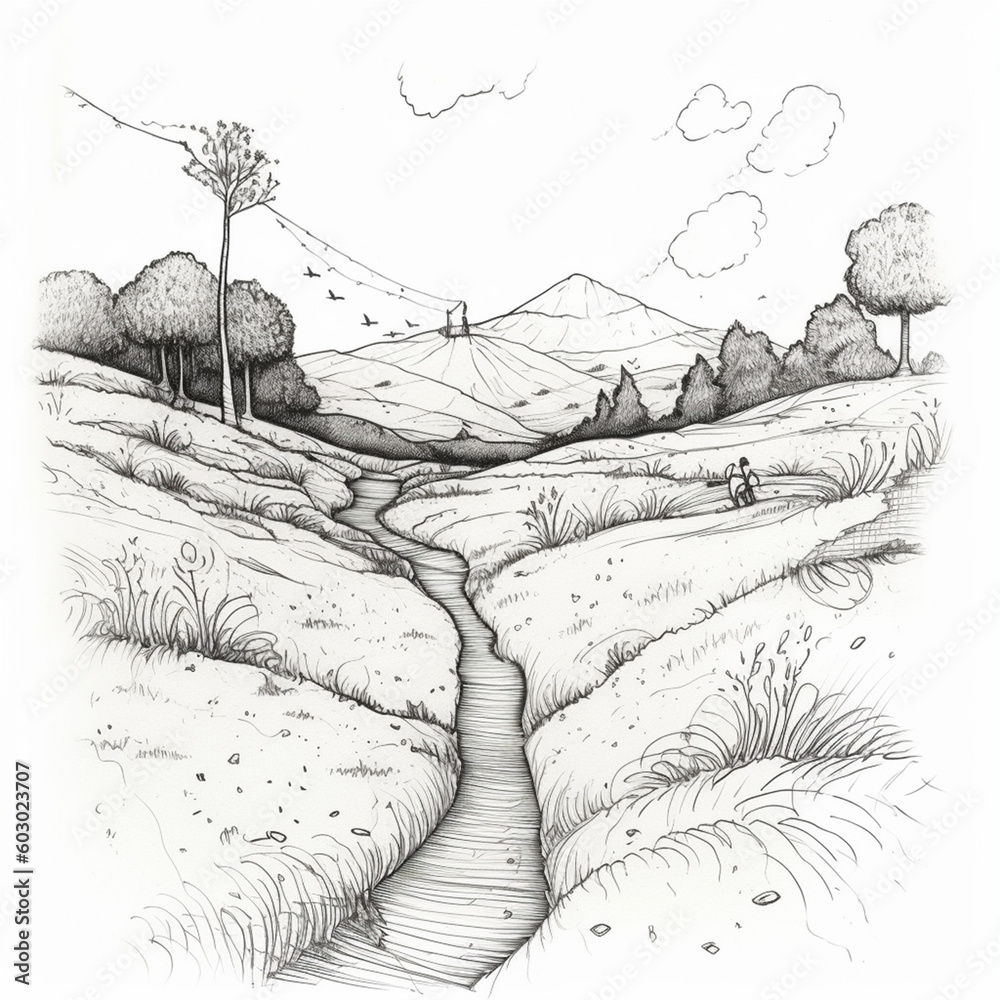 A man was walking on a narrow path. Trees and shrubs grow along the ...