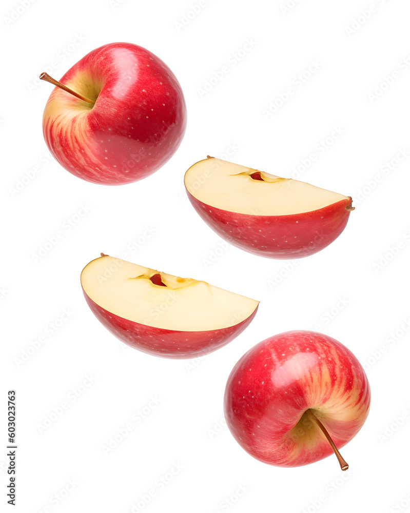 Isolated flying apple wedges. Falling pieces of red apple fruit ...