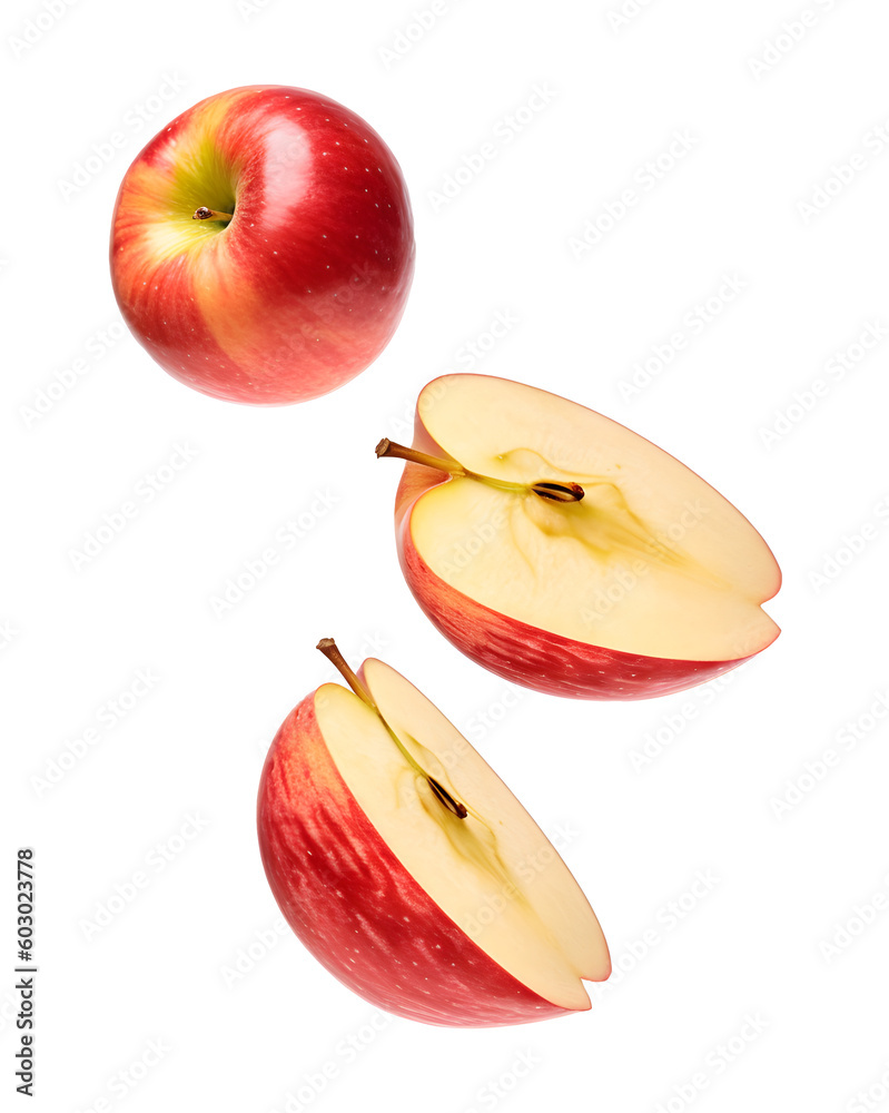 Isolated flying apple wedges. Falling pieces of red apple fruit ...