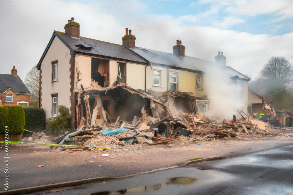Gas explosion in row houses. Damaged family houses with rubble and ...