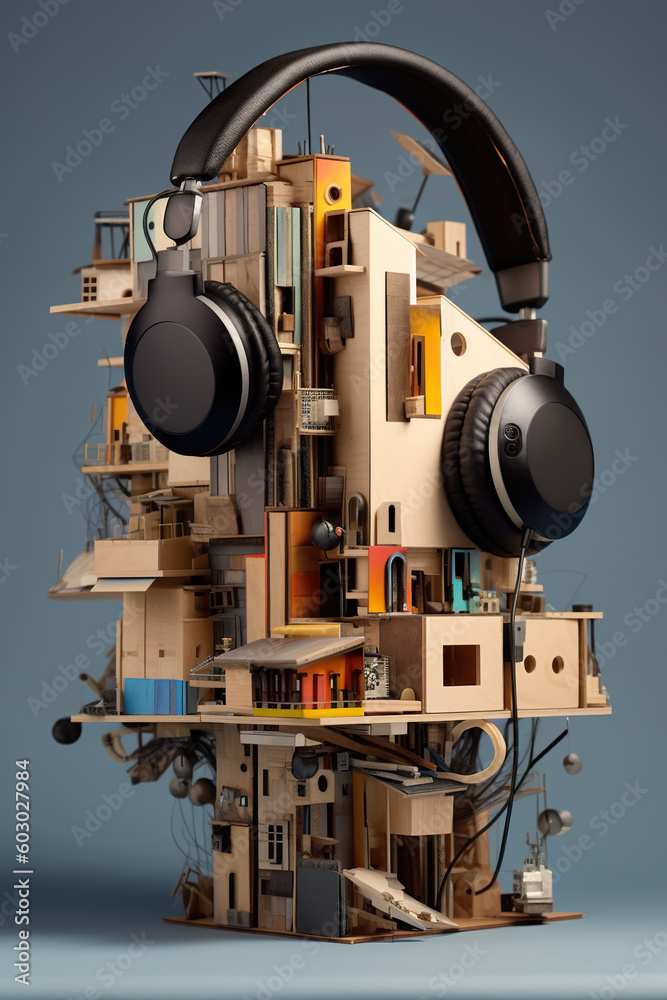 A building with headphones on top of it. Generative AI. Weird and ugly ...