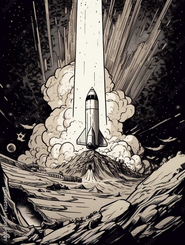 Comic style drawing of a rocket or spaceship taking off into the air ...