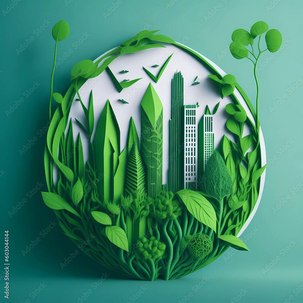 Green eco-city and renewable energy symbolized by a light bulb paper ...
