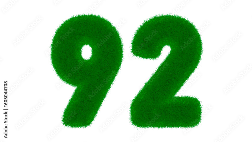 Number 92 from natural green font in the form of grass on an isolated ...