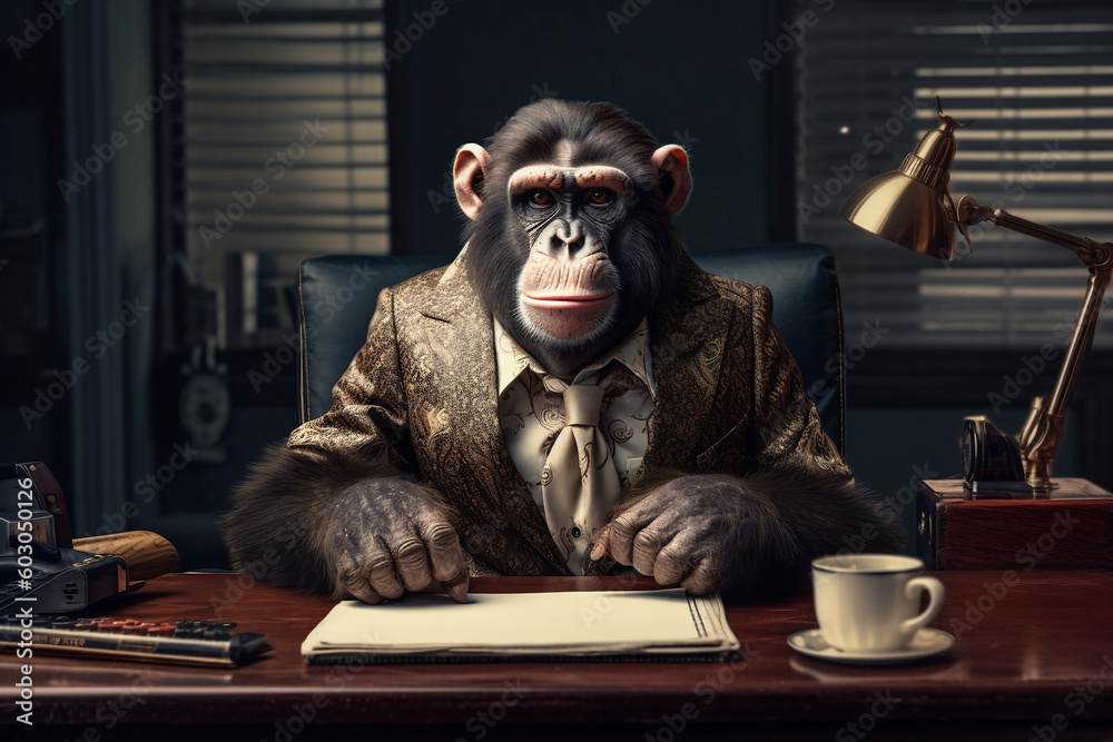 Business-savvy monkey dressed in a sharp suit, sitting confidently in ...
