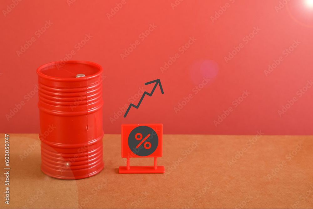 Foto de Red oil barrel, percentage and arrow up symbol. Growth of oil ...