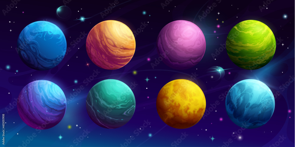 Cartoon space planets in galaxy sky or fantasy alien worlds, vector ...