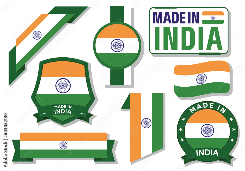 Collection of made in India badges labels India flags in ribbon vector ...