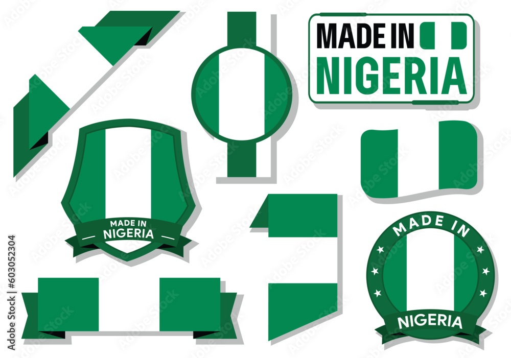 Collection of made in Nigeria badges labels Nigeria flag in ribbon ...