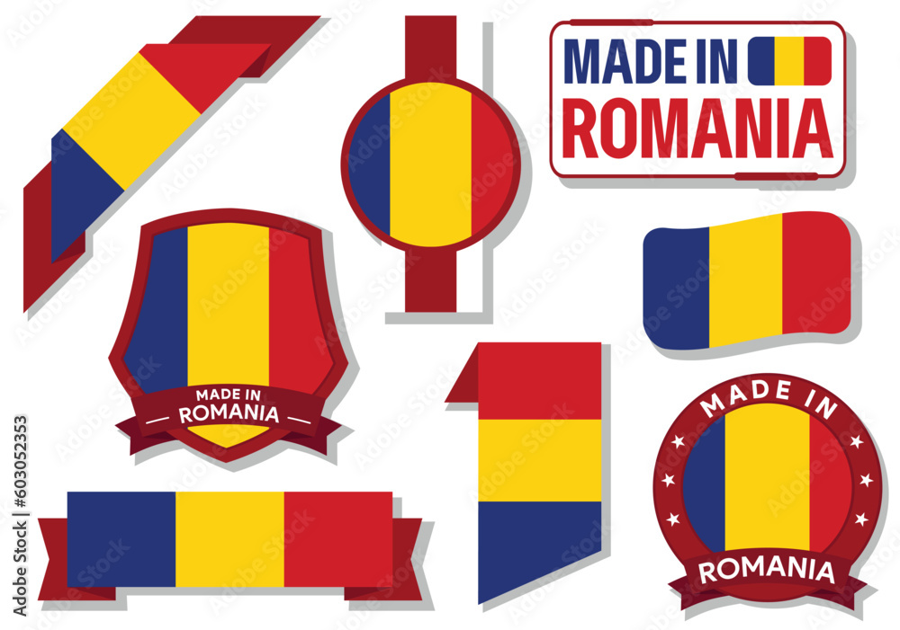 Collection of made in Romania badges labels Romania flag in ribbon ...