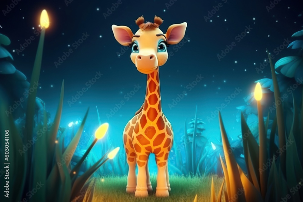 a cute adorable baby ziraffe stands by night with blue light in nature ...