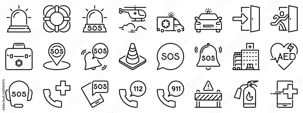 Line icons about emergency on transparent background with editable ...