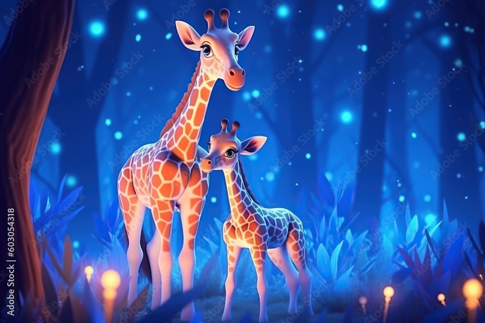 cute adorable baby ziraffe with mother ziraffe by night with blue light ...