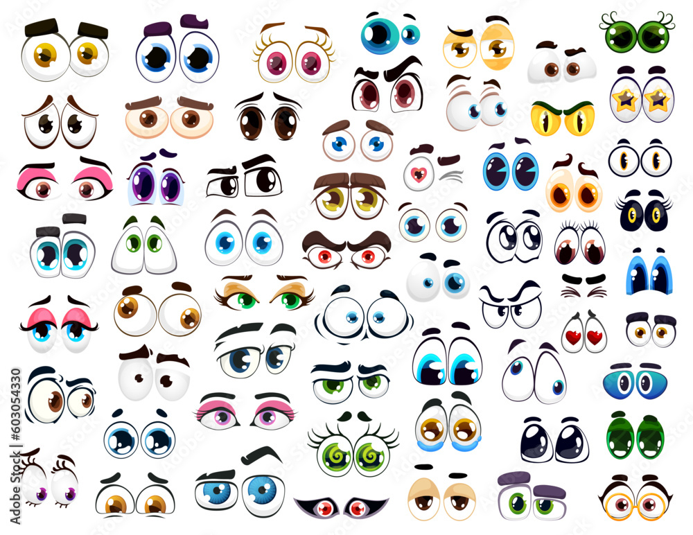Cartoon comic eyes or happy funny face look characters, vector cute ...