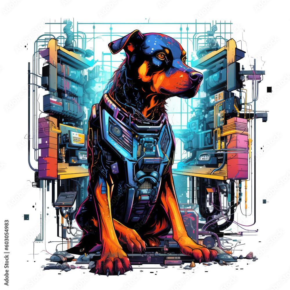A futuristic Carpenter Rottweiler Dog t-shirt design, depicting a ...