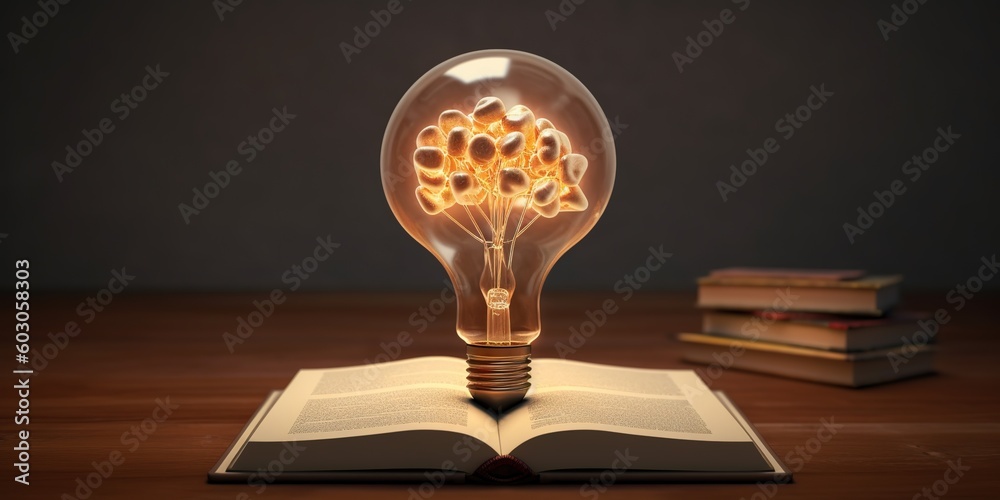 Bright light bulb with glowing brain and book, innovation idea, Self ...