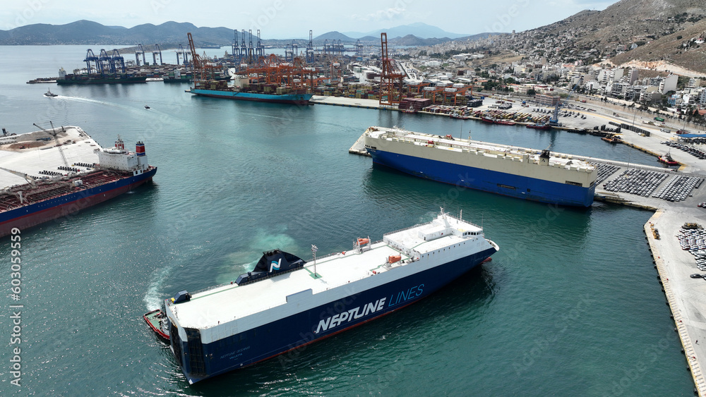 Aerial drone photo of Neptune lines RoRo (Roll on-off) car ...