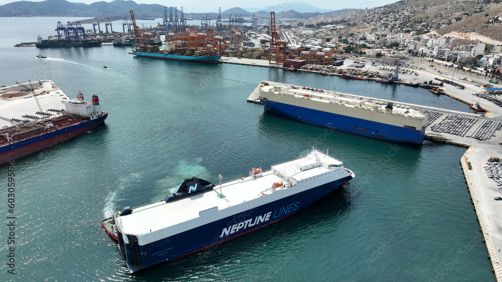 Aerial drone photo of Neptune lines RoRo (Roll on-off) car ...