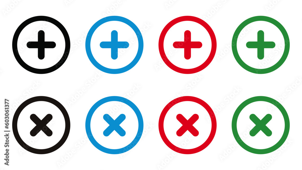 Set of flat round check mark, X mark, plus sign and sign icons ... Set of flat round check mark, X mark, plus sign and sign icons ...