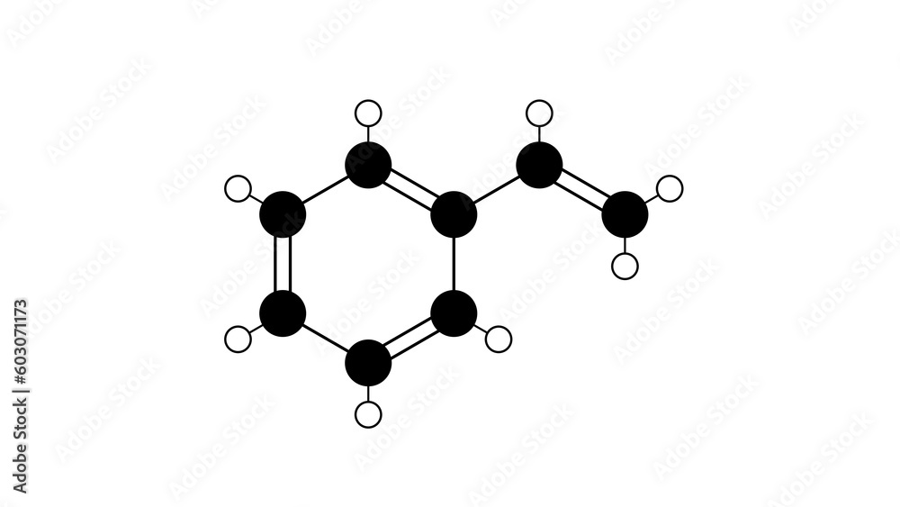 styrene molecule, structural chemical formula, ball-and-stick model ...