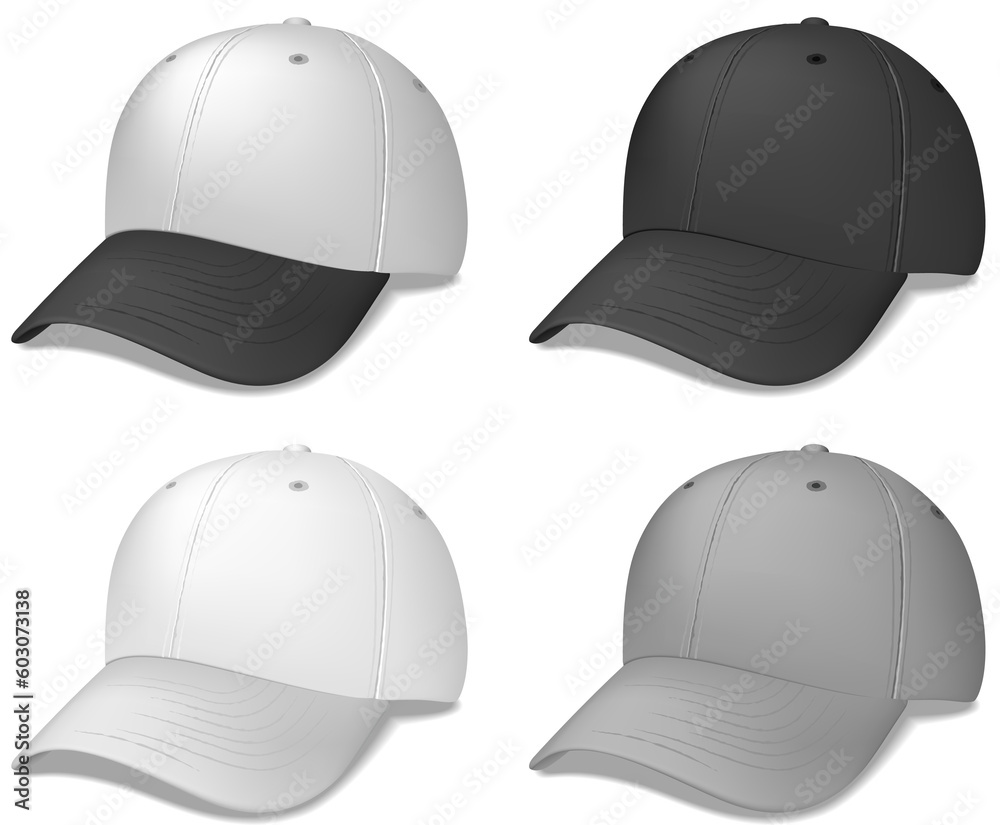 These are realistic black, white and gray baseball caps - They are all ...