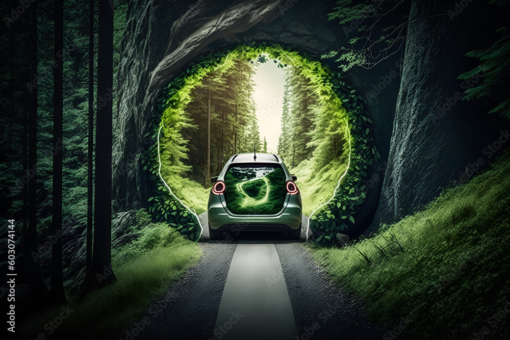 Electric vehicle car going through forest, EV electrical energy for ...