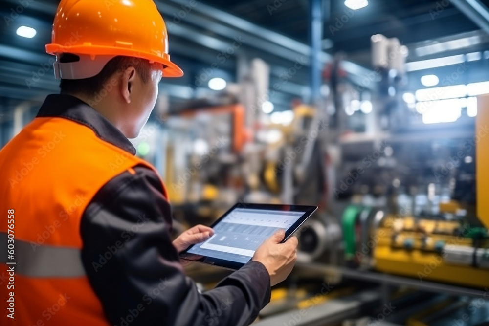 Digital engineer monitoring smart factory with real-time tablet ...
